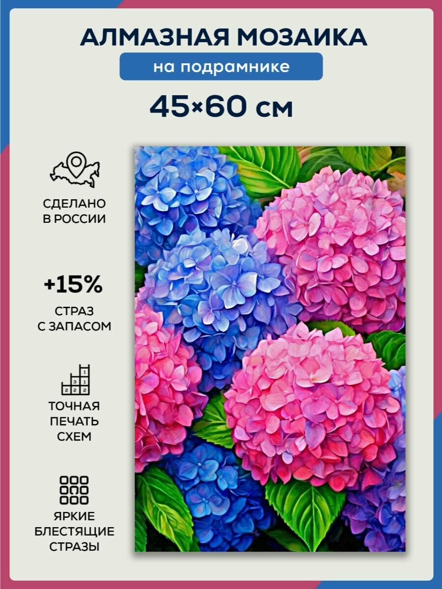 Алмазная мозаика 45x60 Гортензии в букете на подрамнике
