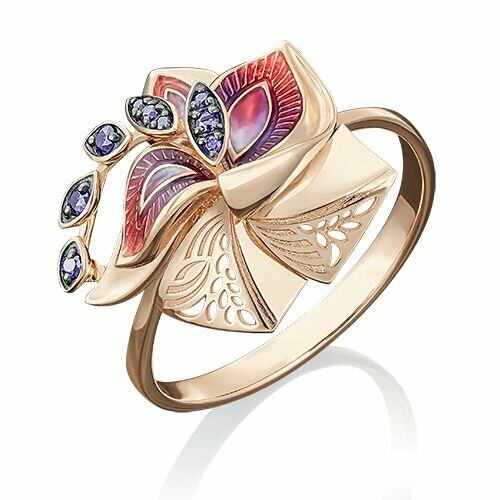 Кольцо, красное золото, 585 проба, эмаль, фианит