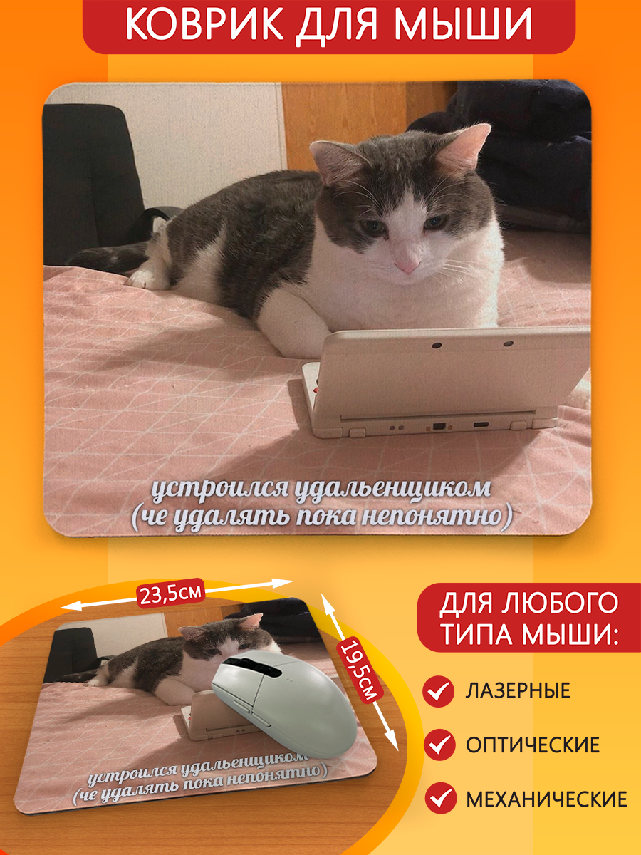 Коврик для мыши с принтом мемы коты (устроился удаленщиком, котята, компьютер, айти, программист) - 6380 Г