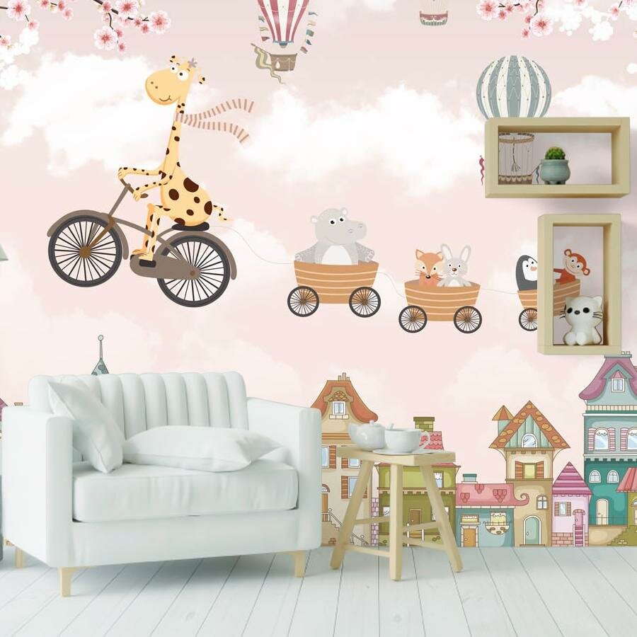 Фотообои Жираф на велосипеде с друзьями 14-259-S-Холст 270 x 200 см (ВхШ) Бесшовные, флизелиновые, влагостойкие обои