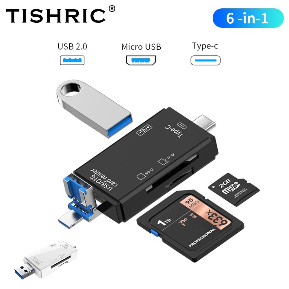 Кардридер TISHRIC USB-C/Micro USB Black 6 In 1