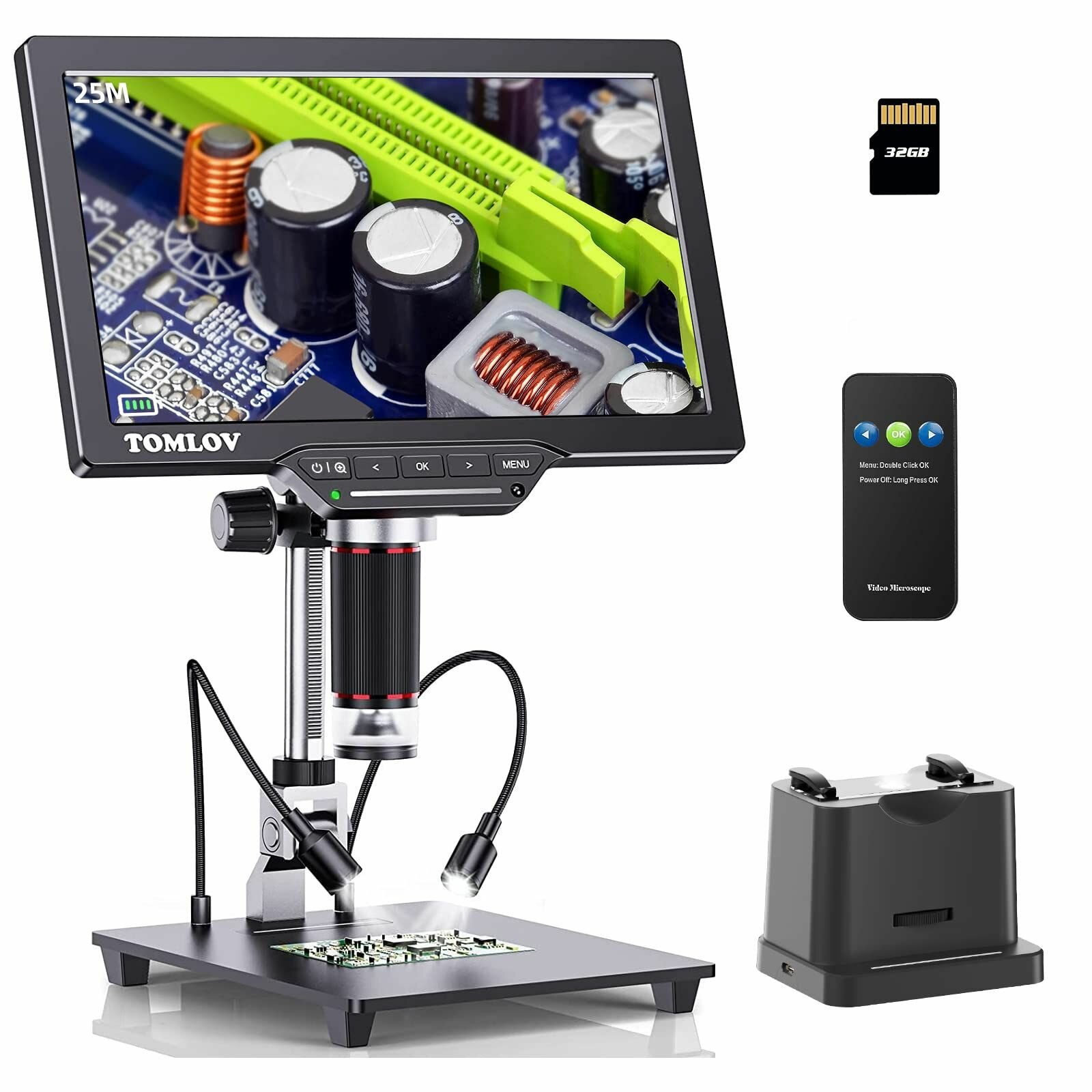 Цифровой микроскоп TOMLOV DM202 Max, 1300x микроскоп с HDMI и камерой 25 МП, 10-дюймовый ЖК-экран IPS, микроскоп для пайки видео