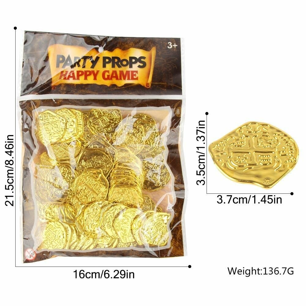 Пиратские монетки из пластика для праздничного декора — набор 100 шт, золото серебро медь, на Хэллоуин, 3,7×3,5 см — фото 1