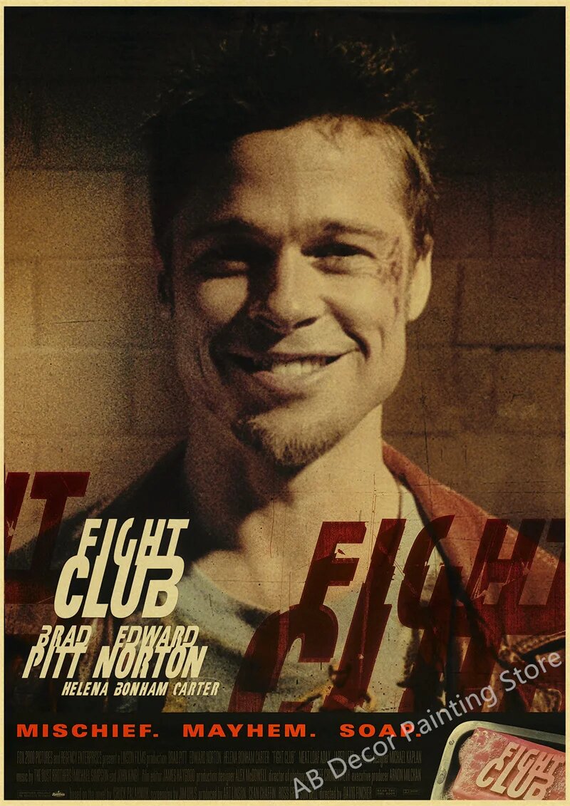 Ретро постер "Бой Клуб" на крафтовой бумаге Бордовый, 23, A4 8.3x11.8inch