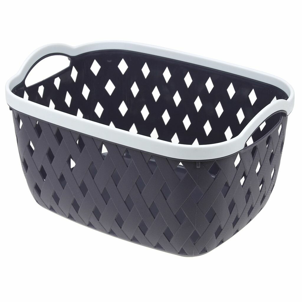 Корзина Домашняя Мода пластмассовая, для хранения, "Плетенка-Ромб" 30,5х 22 см, высота 15,3 см, с ручками, графит