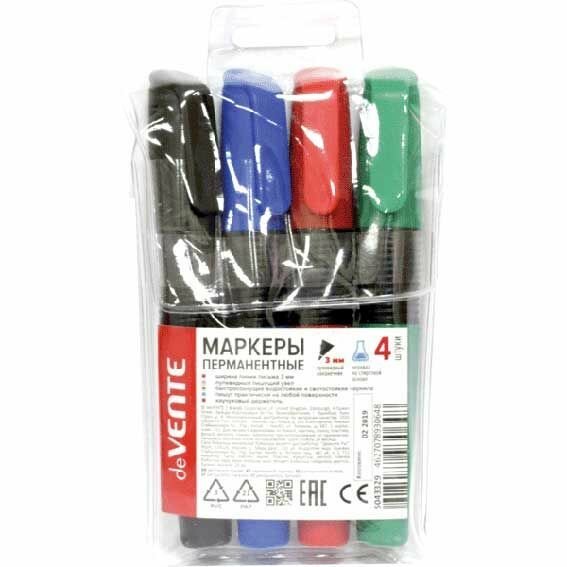 Перманентные маркеры deVENTE зеленый, красный, синий, черный, 4 цвета, 4 мм (5043329)