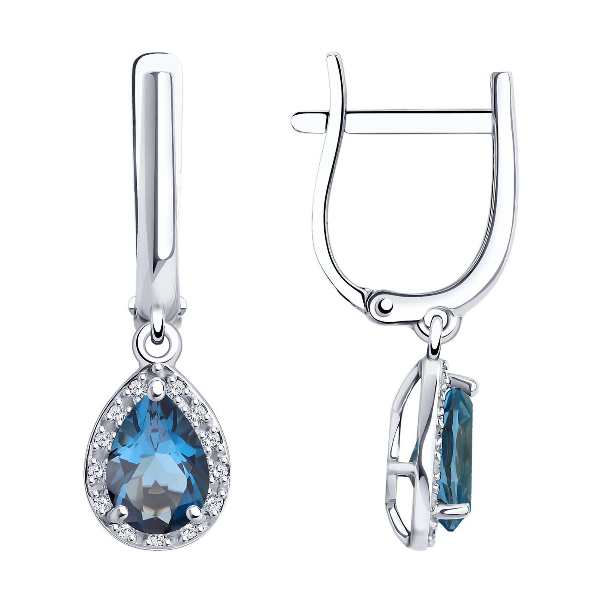 Серьги, белое золото, 585 проба, бриллиант, Лондон топаз
