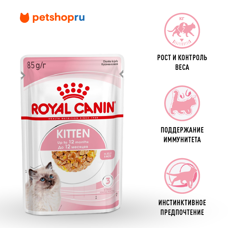 Royal Canin Для котят в период второй фазы роста в возрасте до 12 месяцев, кусочки в желе, Kitten Jelly