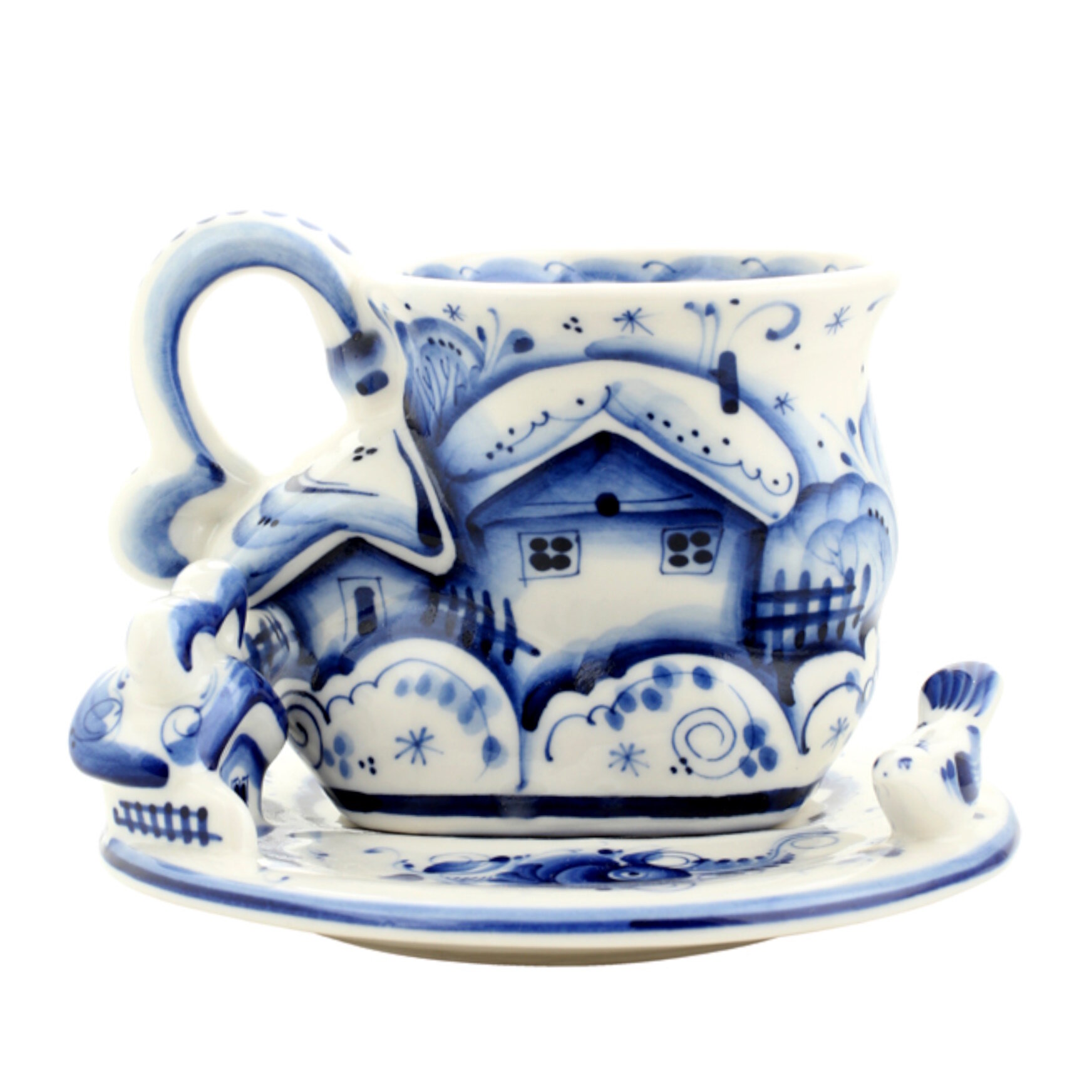 Гжель Чашка Деревенька с тарелкой, 150мл, авт. Исаев