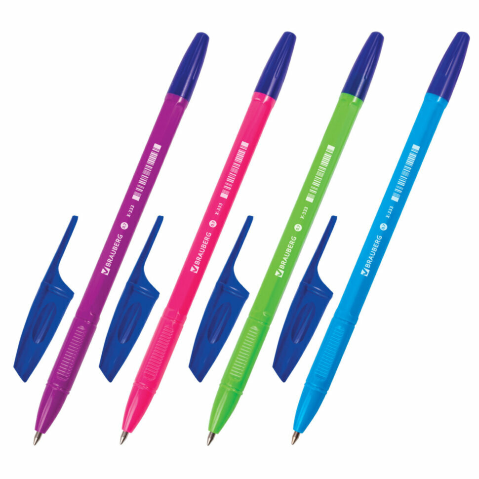 Ручка шариковая BRAUBERG "X-333" NEON SOLID, синяя, корпус ассорти, узел 0,7 мм, линия письма 0,35 мм, 142831, 100 штук, 142831