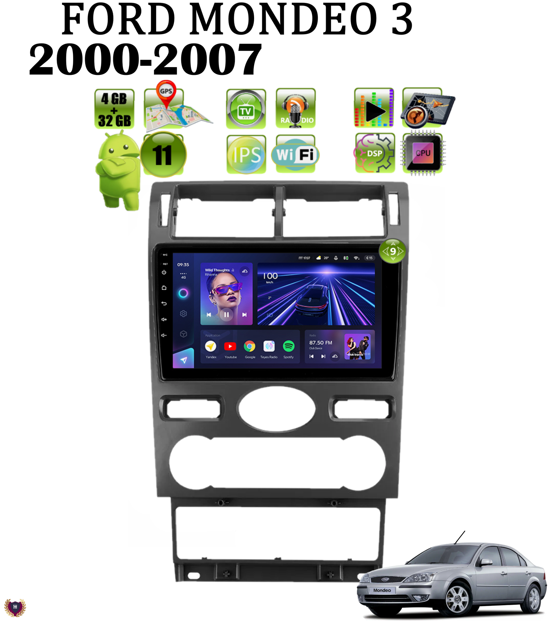 Автомагнитола для Ford Mondeo 3, Мондео 3, (2000-2007), Android 11, 4/32 GB, Bluetooth, WiFi, CarPlay, GPS, IPS, разделение экрана, поддержка кнопок на руле, сенсорные кнопки