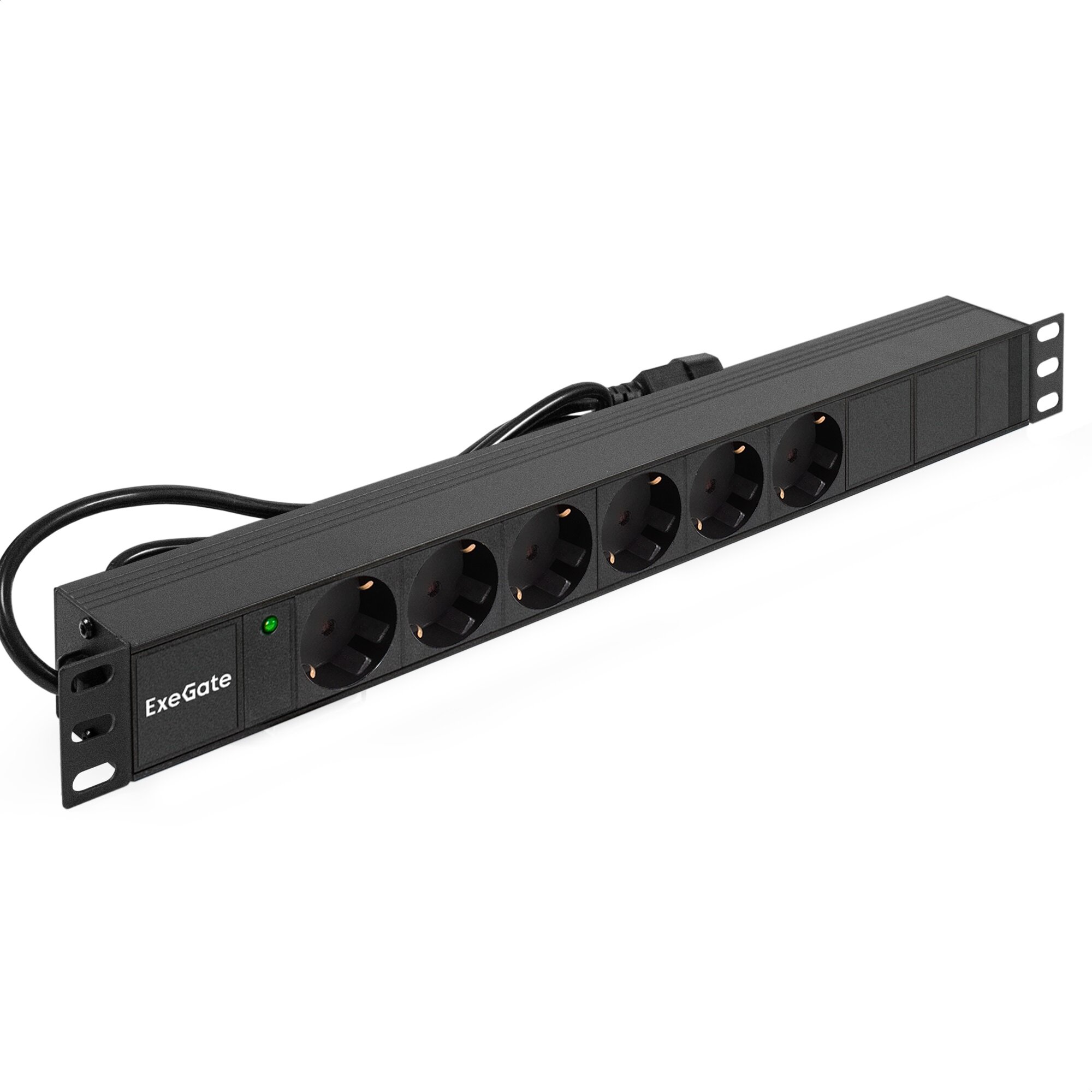 Блок розеток с кабелем с вилкой C14 ExeGate ServerPro PDU-19H604 Al-6S-C14-2.5CU (19", 1U, Алюминий, 6 Schuko, кабель с вилкой C14 VDE-250V-10A-3*1.0mm2, медь, 2.5 метра, индикатор питания, черный, RTL) EX280829RUS