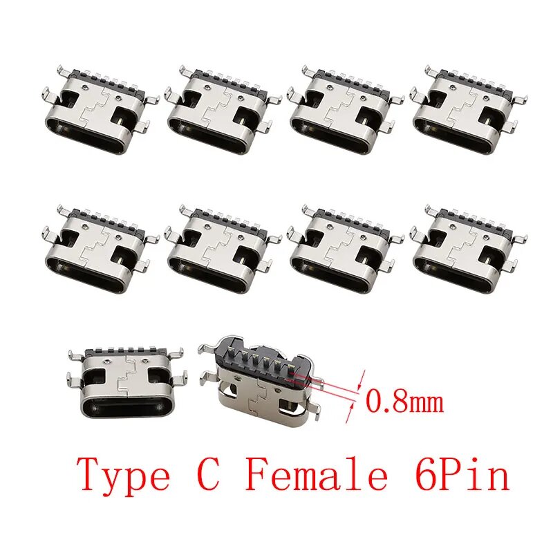 USB разъемы Type-C гнездо 2/6/16 pin для пайки 10 шт. 6Pin 0.8mm