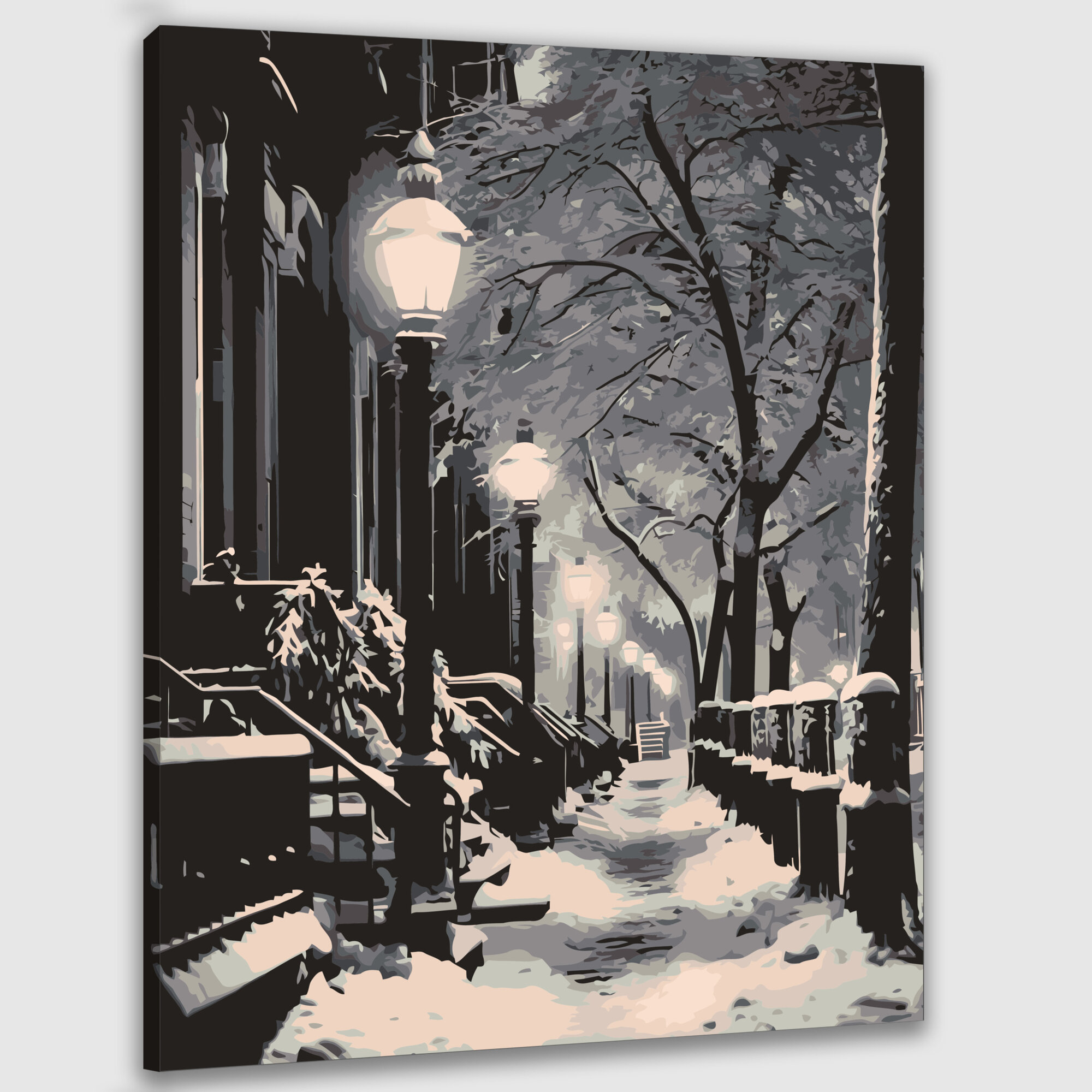 Картина по номерам 40x50 см, черно-белая фотография, заснеженный город, Рождество, ностальгия, очарование, улицы, узоры
