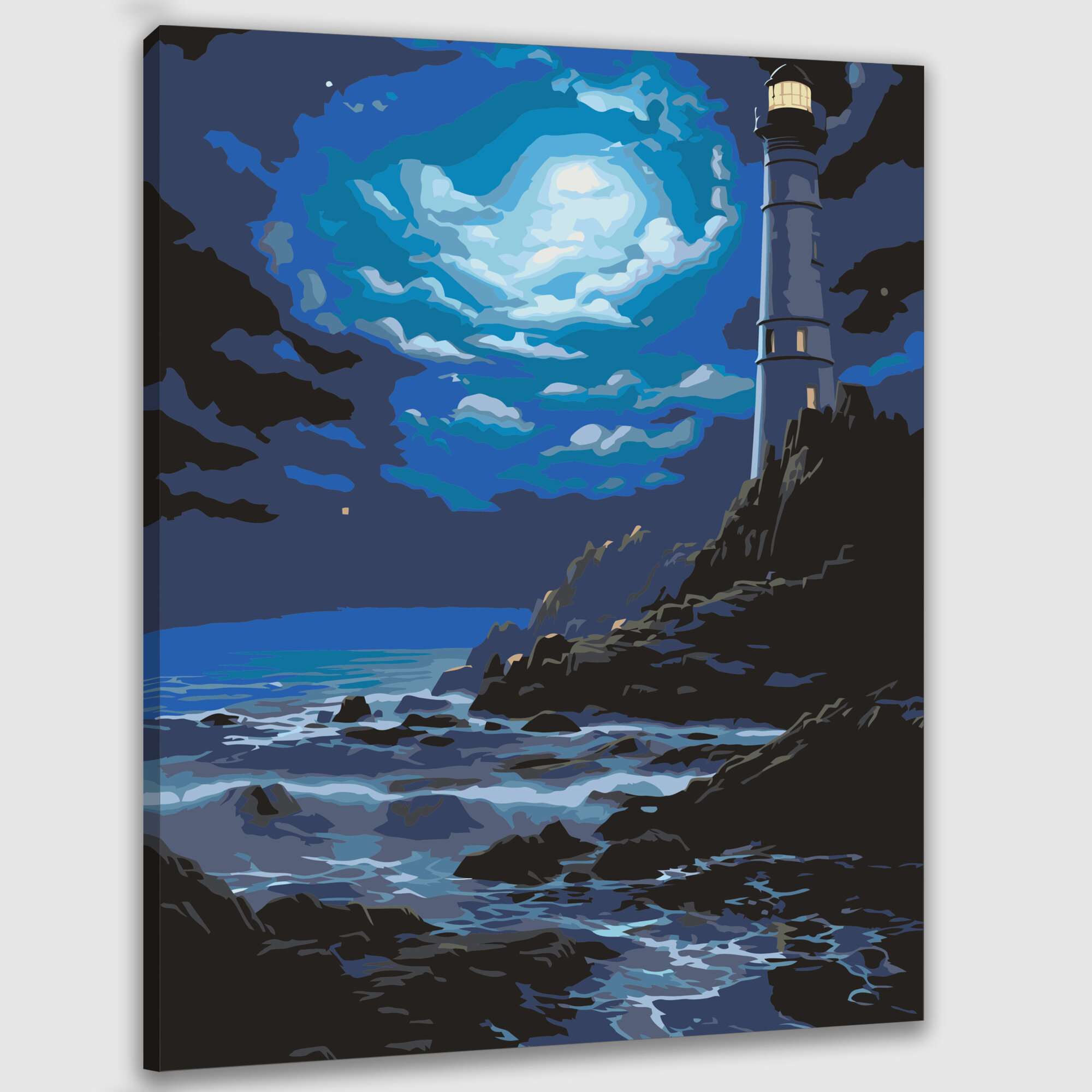 Картина по номерам 40x50 см, маяк, скалистый берег, лунное свет, океанские волны, спокойствие, таинственность