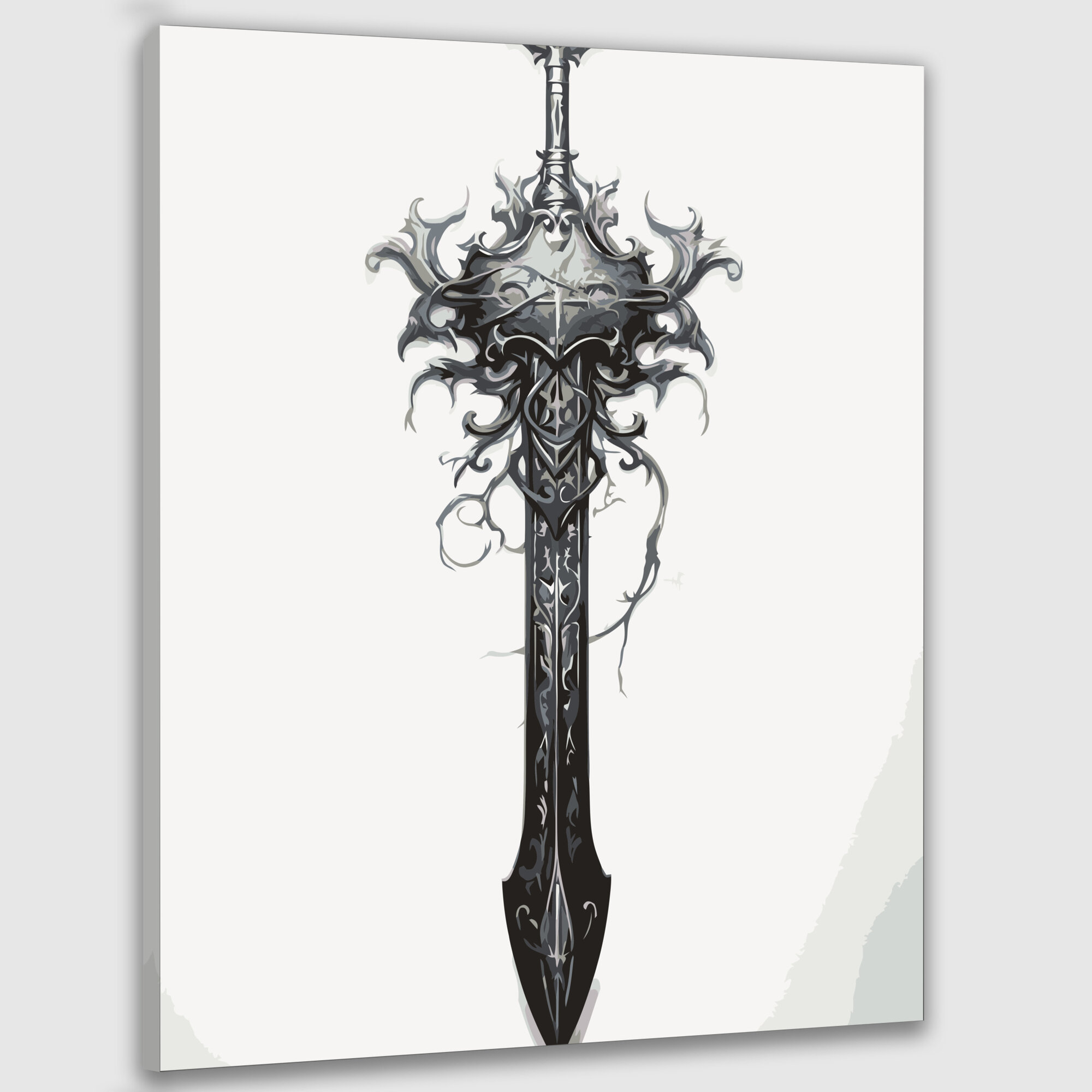 Картина по номерам 40x50 см, черно-белая иллюстрация, тушь, меч воина, гравировка, рукоять, драгоценные камни, тени