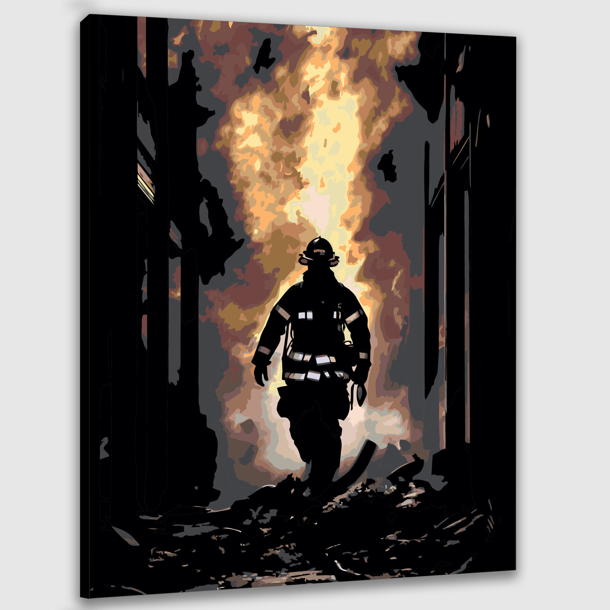 Картина по номерам 40x50 см, пожарный, горящее здание, мужество, самоотверженность, черно-белый, документальный