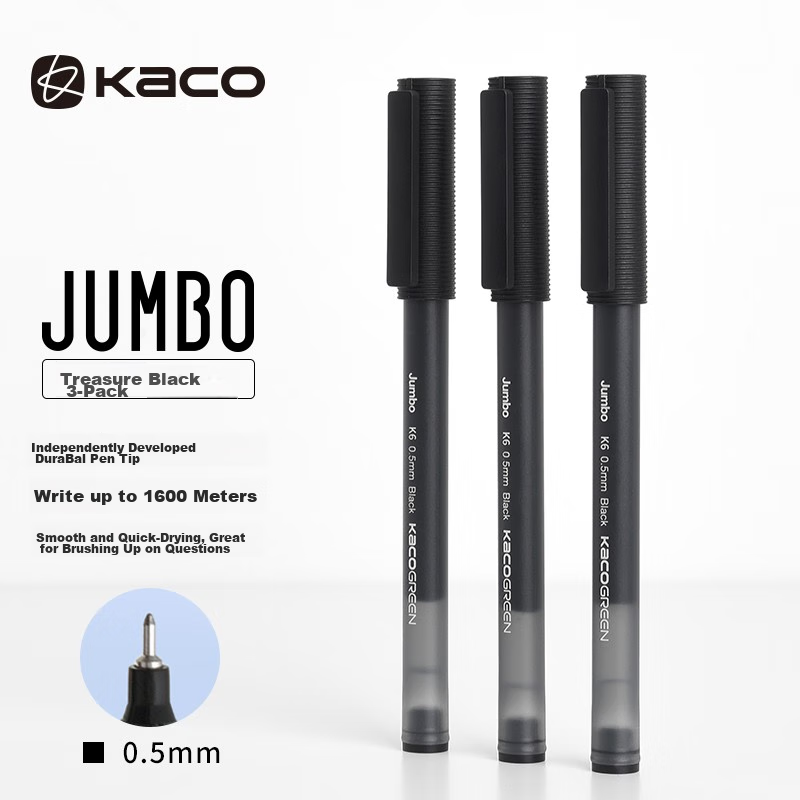 KACO Zhenbao 0.5mm Black Gel Pen, Semi-Needle Tip, Signing Pen, Exam Pen, Quick-Drying Ink Pen, 3 Pens/box, K6