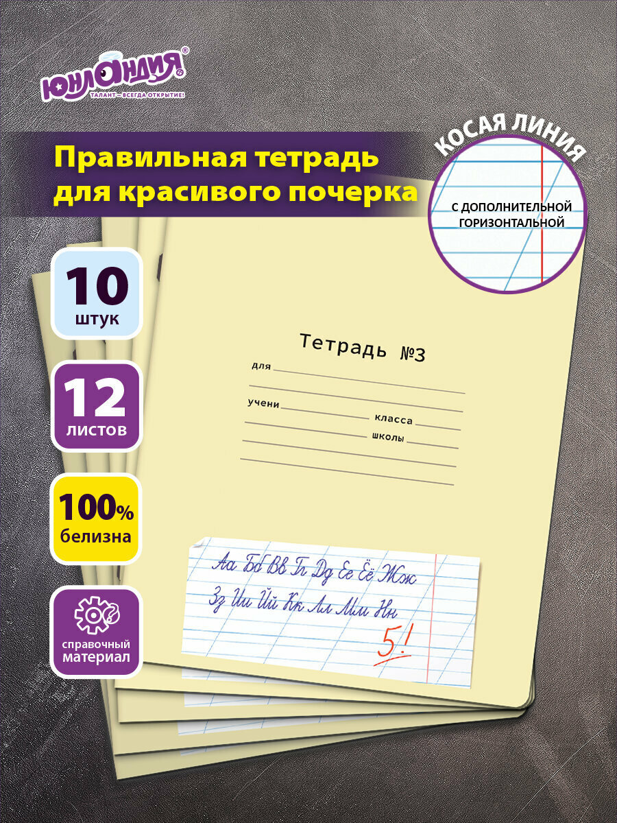 Тетрадь в косую линейку 12 листов для школы набор 10 штук, прописи для школьников, Юнландия, 404859