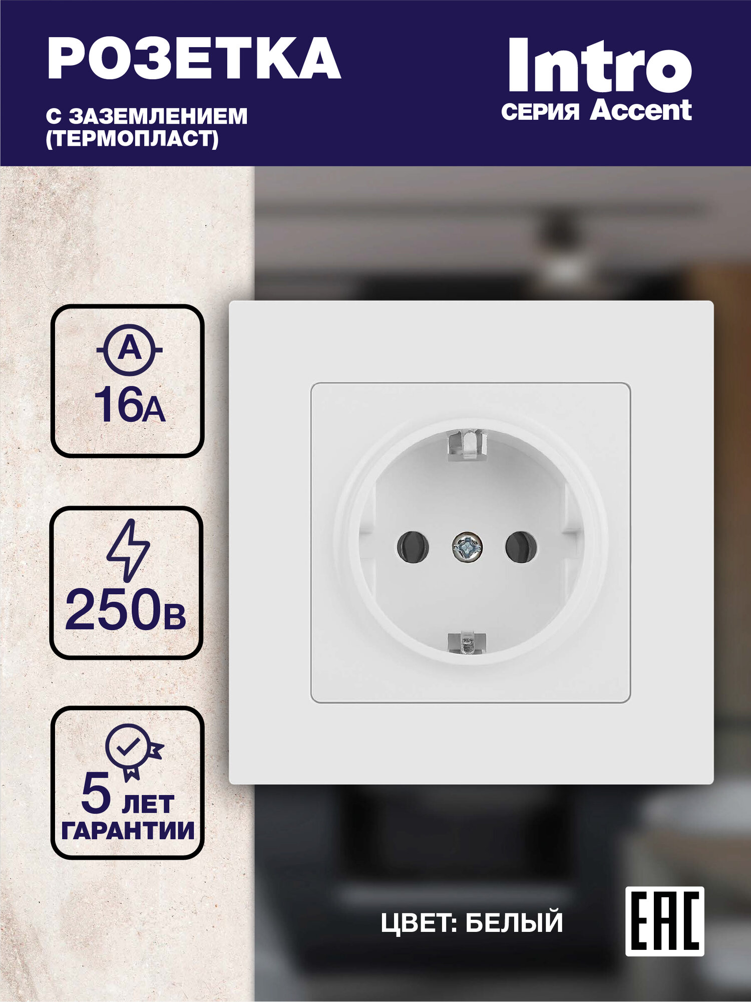 Розетка одинарная с заземлением Intro Accent 6М-202-01 белый