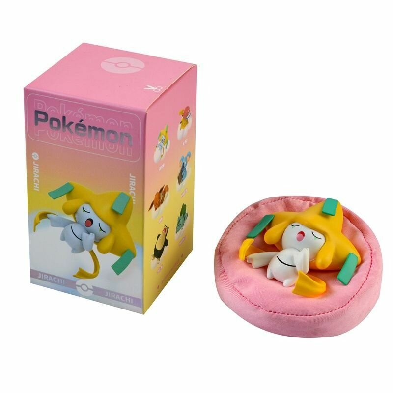 Фигурка спящий покемон Джирачи на подушечке антистресс (Jirachi Pokemon) в коробке.