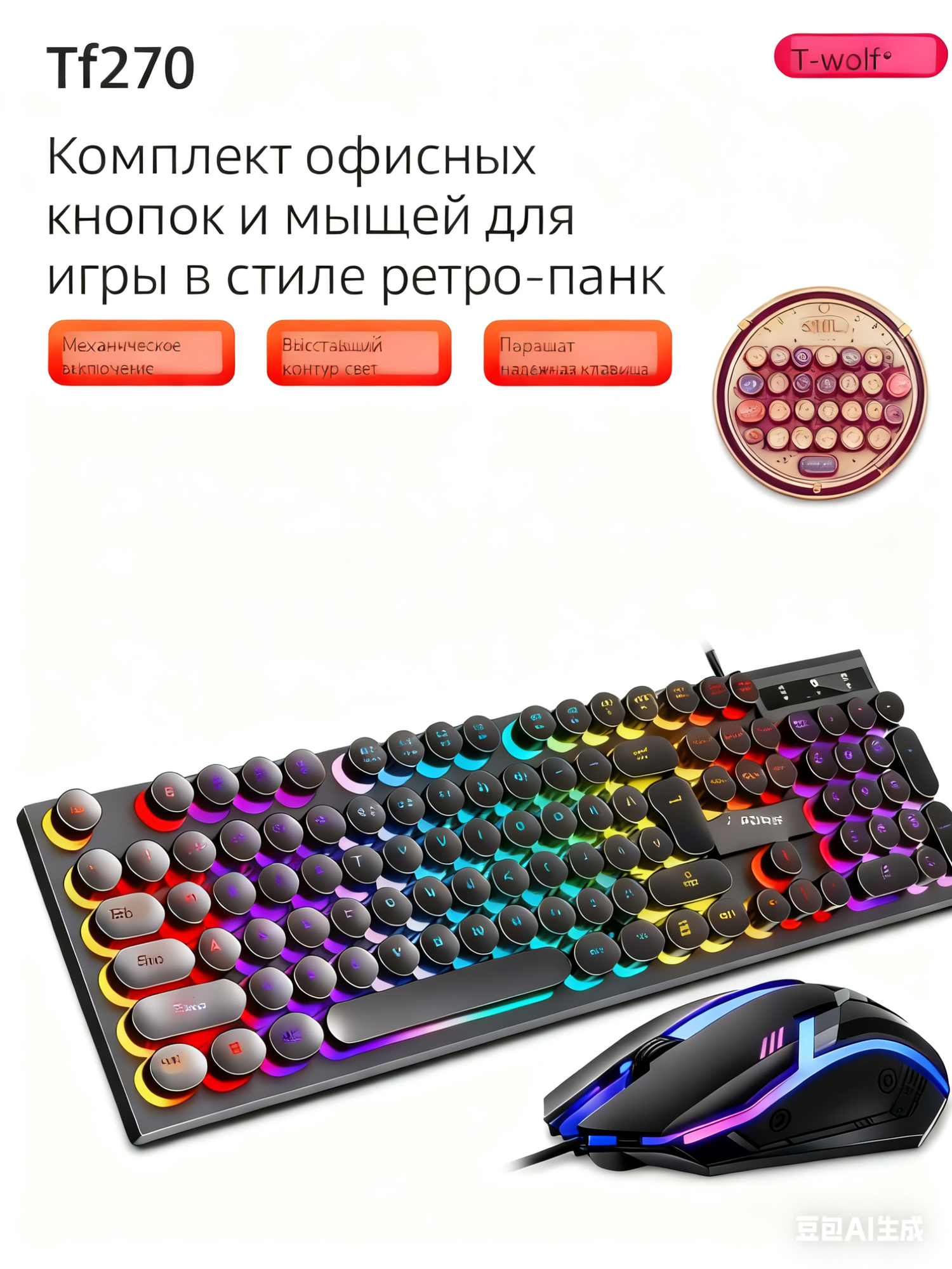 Новый комплект клавиатуры и мыши T-WOLF TF270 2025 года, в стиле пUNK, с подсветкой, игровой, USB, проводной, для офиса, бизнеса и дома