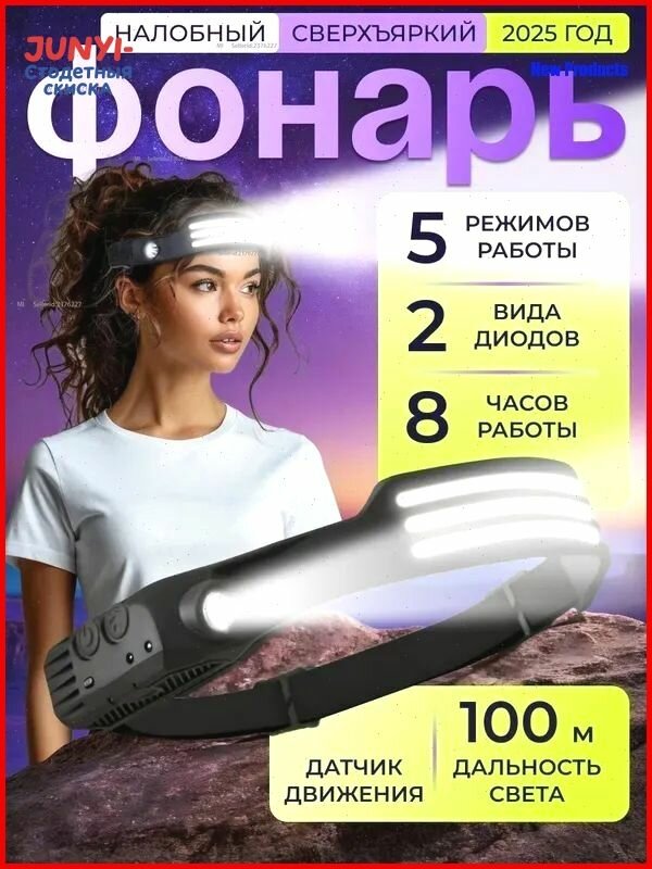 Налобный фонарь с управлением жестом, перезаряжаемый с долгой работой, 2-в-1 (headlamp/ручной)