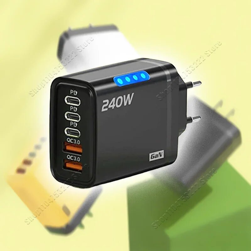 Быстрое зарядное устройство GaN, 240 Вт со светодиодной подсветкой, 2 USB + 3 Type-C, многопортовая зарядная головка для телефона для iPhone, Samsung, Huawei, Xiaomi/ноутбуков/планшетов