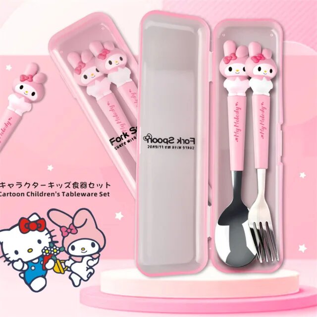 Набор столовых приборов Sanrio Kuromi Hello Kitty Melody с силиконовыми ручками (2/3 предмета) - вилка и ложка Cinnamon Dog - портативные столовые приборы для детей