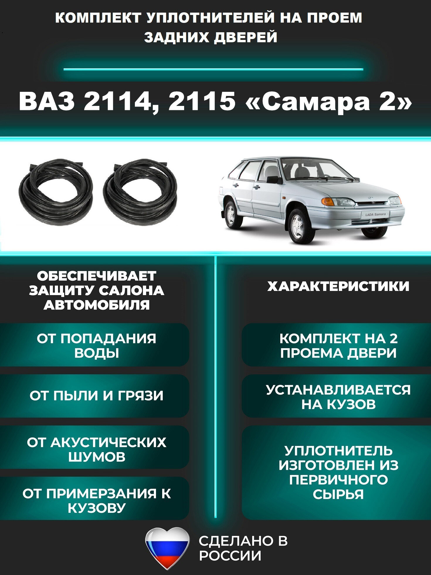 Комплект уплотнителей проема задних дверей для ВАЗ 2114, 2115, Лада Самара 2 шт