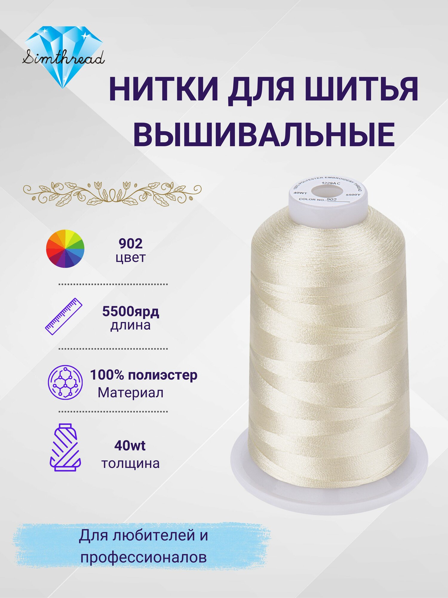 Simthread нитки для вышивания 5000 м, полиэфирные 40WT для швейных и вышивальных машин, трилобальные прочные катушки для масштабных проектов и машинной вышивки