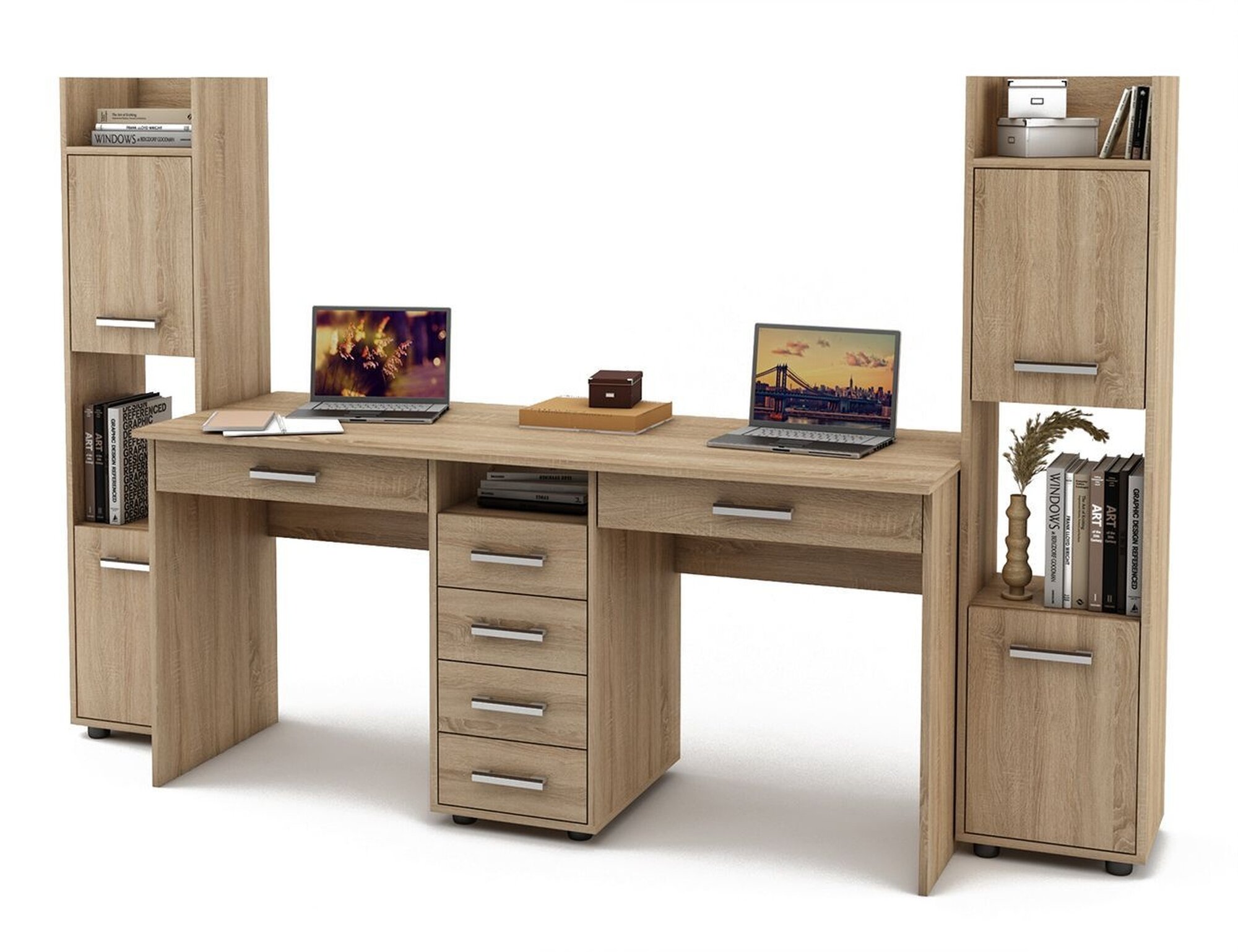Стол письменный для двоих ВМФ Остин (Ливерпуль) 8Я, дуб сонома, 234х60х145.3см, 6 ящиков