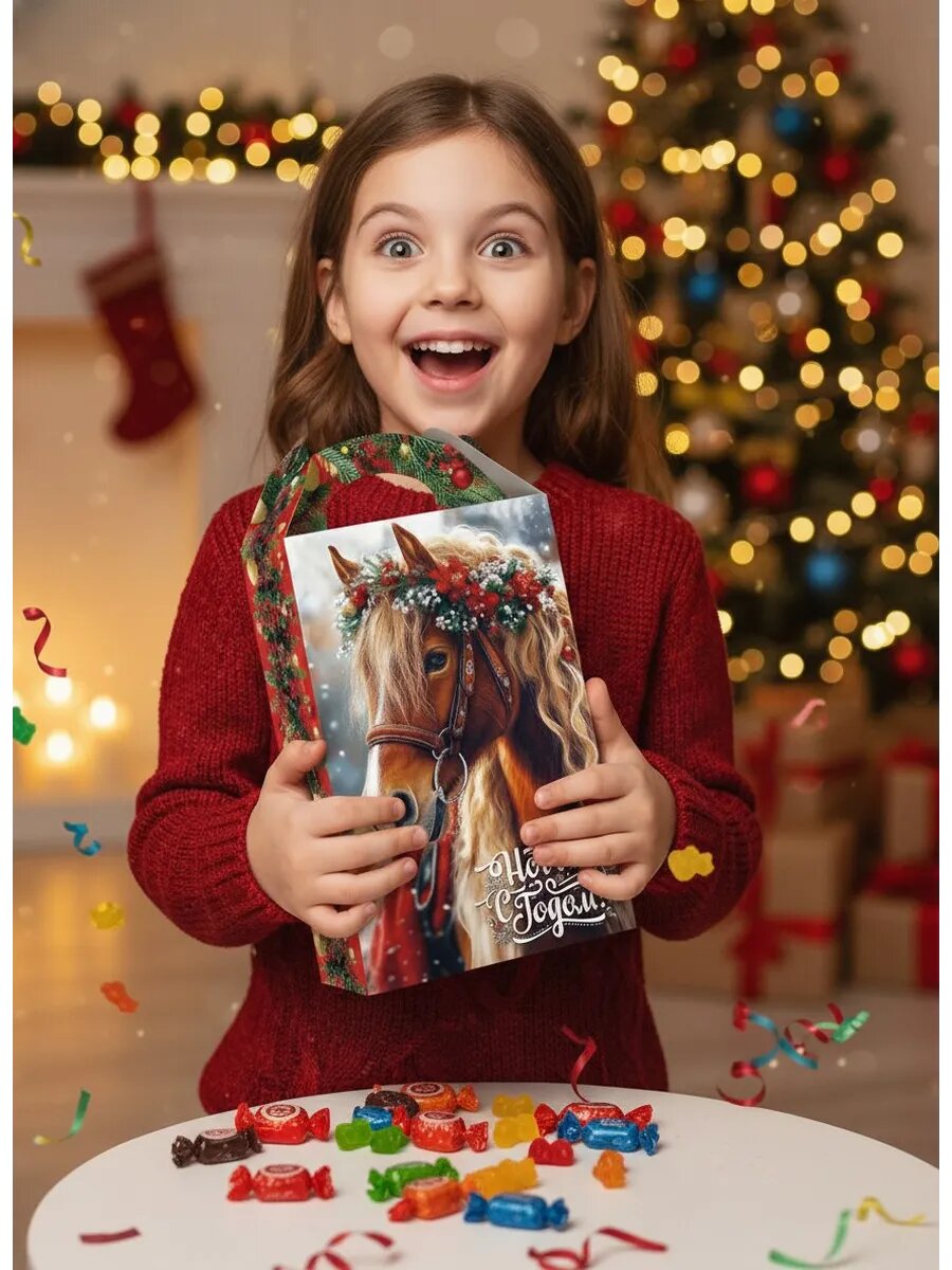 Сладкий новогодний подарок COREMIO, в картонной коробке, с ручками, 19 конфет