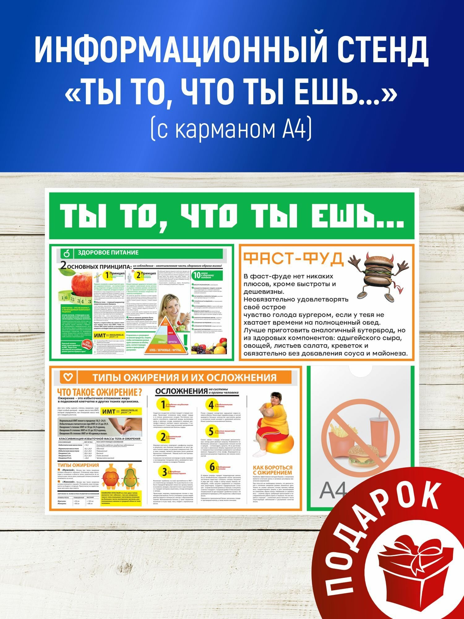 Стенд информационный о правильности питания, вреде фастфуда "Ты то, что ты ешь", 800 х 700 мм, карман А4, Stendplus