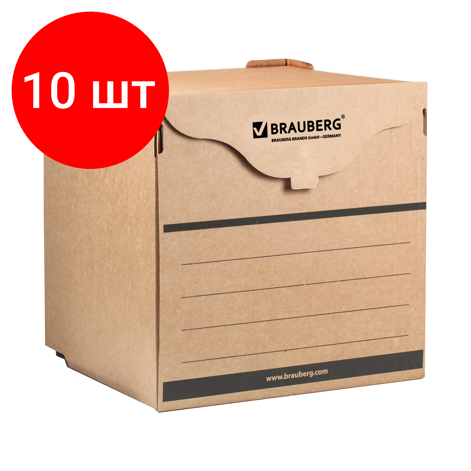 Комплект 10 шт, Короб архивный (330х310х340 мм) фронтальная загрузка для регистраторов/накопителей, липучка, гофрокартон, BRAUBERG, 122033