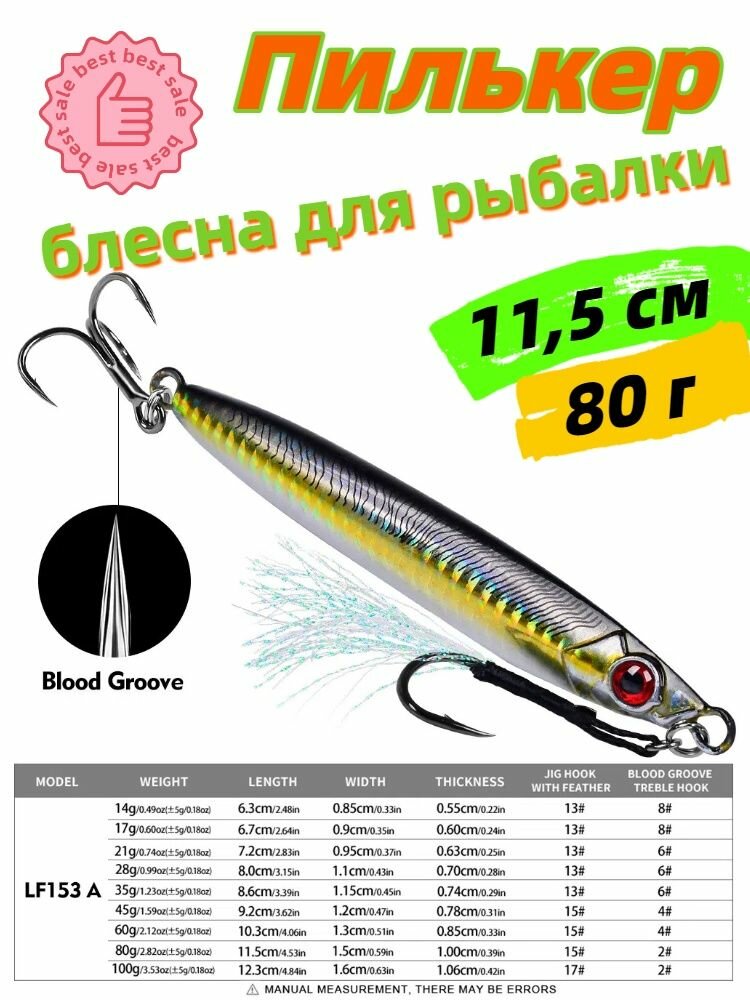 Пилькер блесна для рыбалки на щуку, жереха, окуня, судака /80 гр / 11,5 см