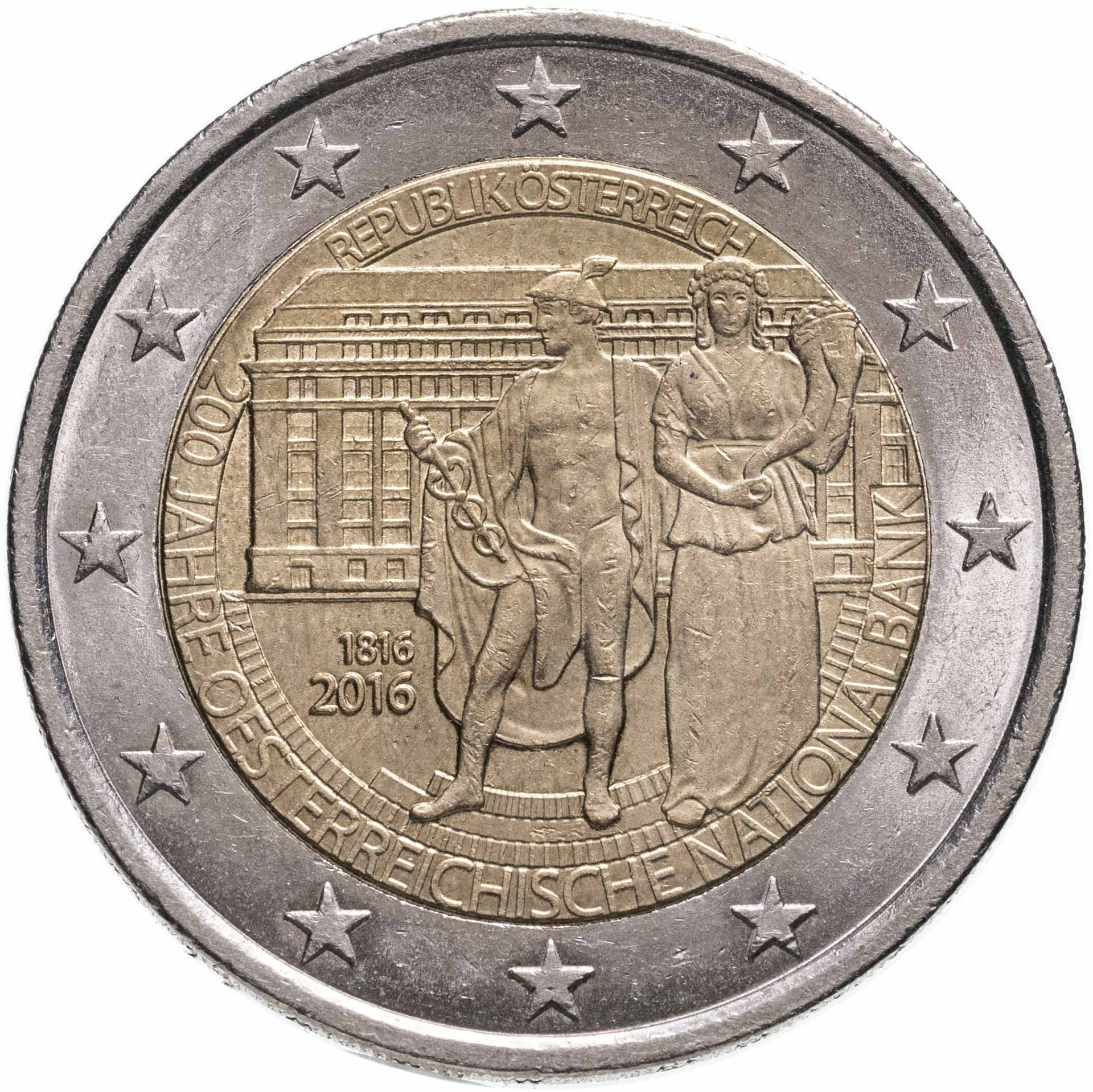 Австрия 2 евро 2016 "200 лет Национальному Банку", Биметалл, в сохранности VF-XF