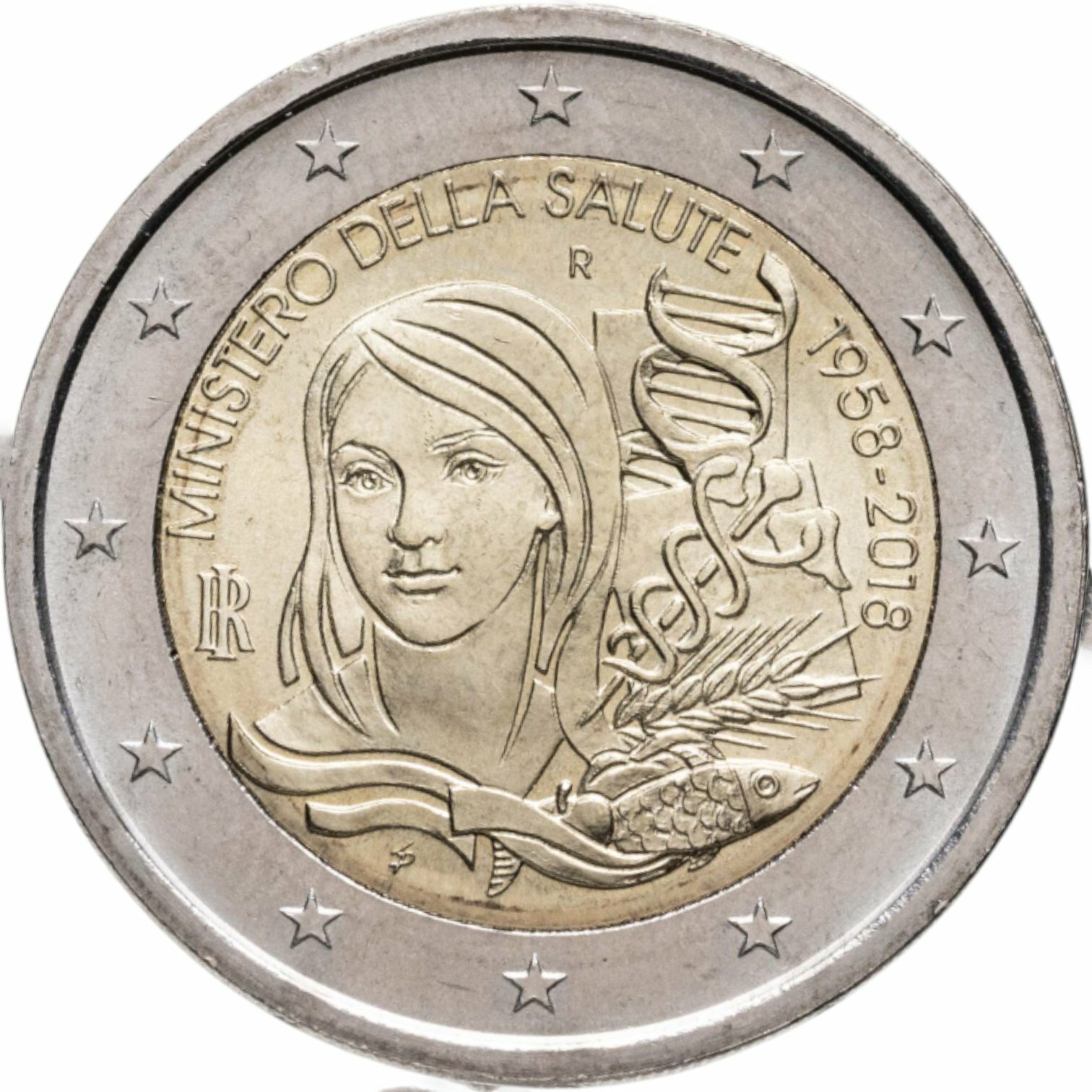 Италия 2 евро 2018 "60 лет основанию Министерства здравоохранения", Биметалл, в сохранности UNC