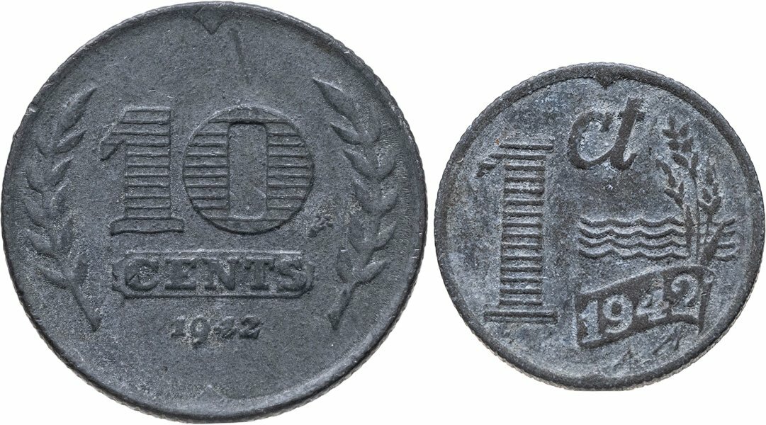 Нидерланды набор монет для обращения 1941-1944 2 штуки, Цинк, в сохранности VF-XF