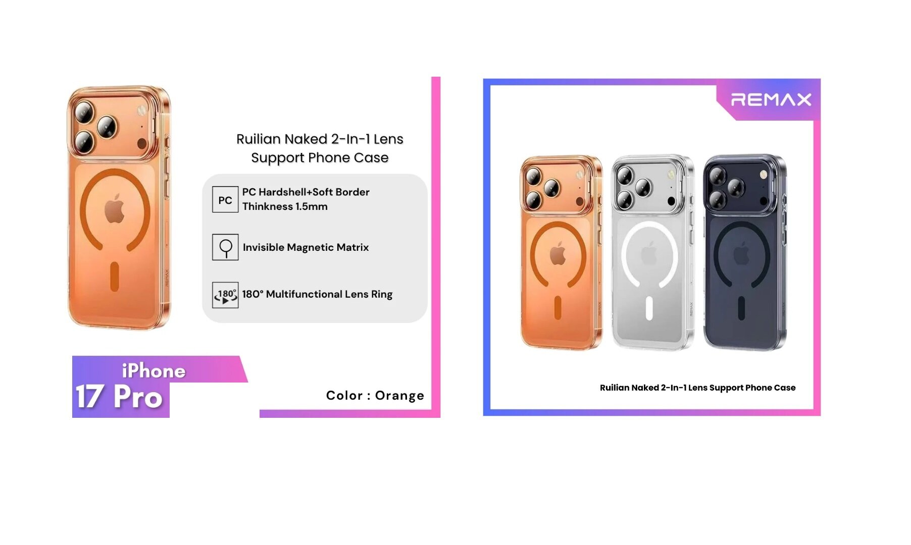 Чехол для iPhone 17 Pro, Remax Naked 2-in-1 Lens Holder Magnetic Case, Прозрачны/Оранжевый