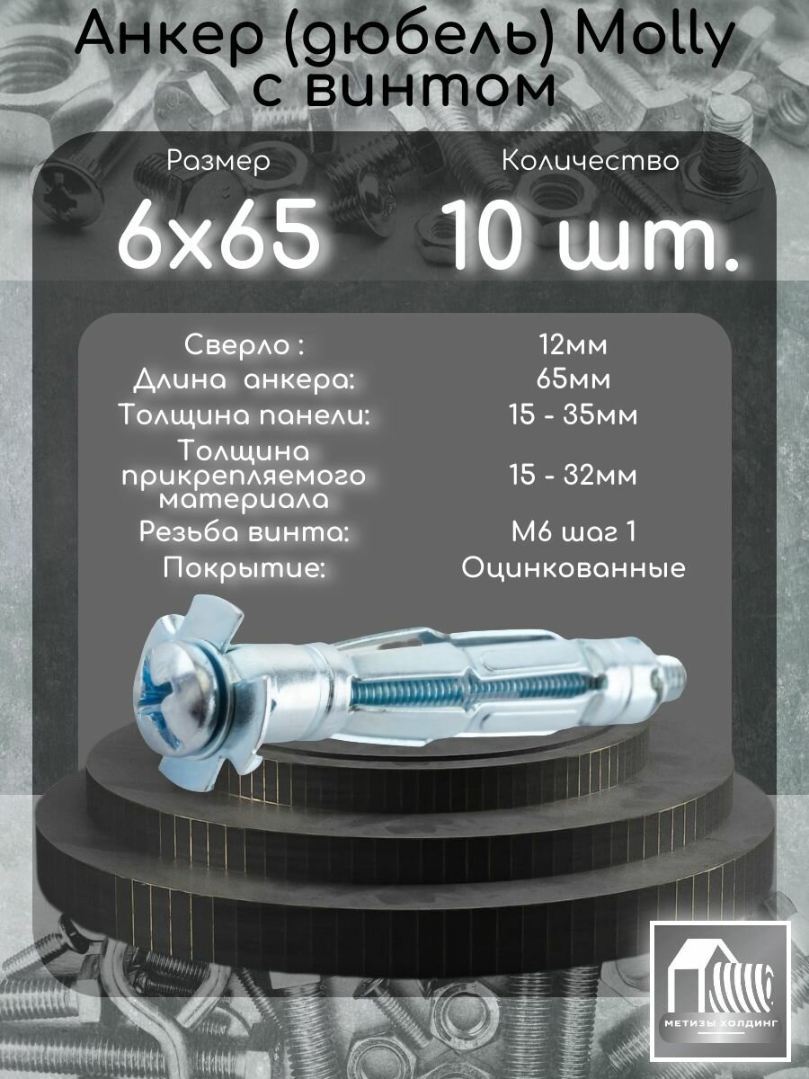 Анкер Молли 6х65 (Дюбель) с винтом для листовых материалов, комплект из 10 штук