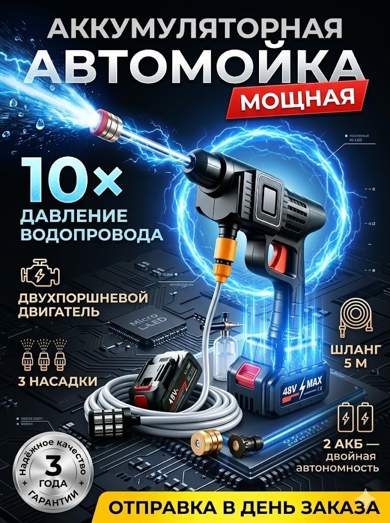 Мойка высокого давления аккумуляторная для автомобиля, Автомойка, в кейсе 2 аккумулятора, 3 насадки