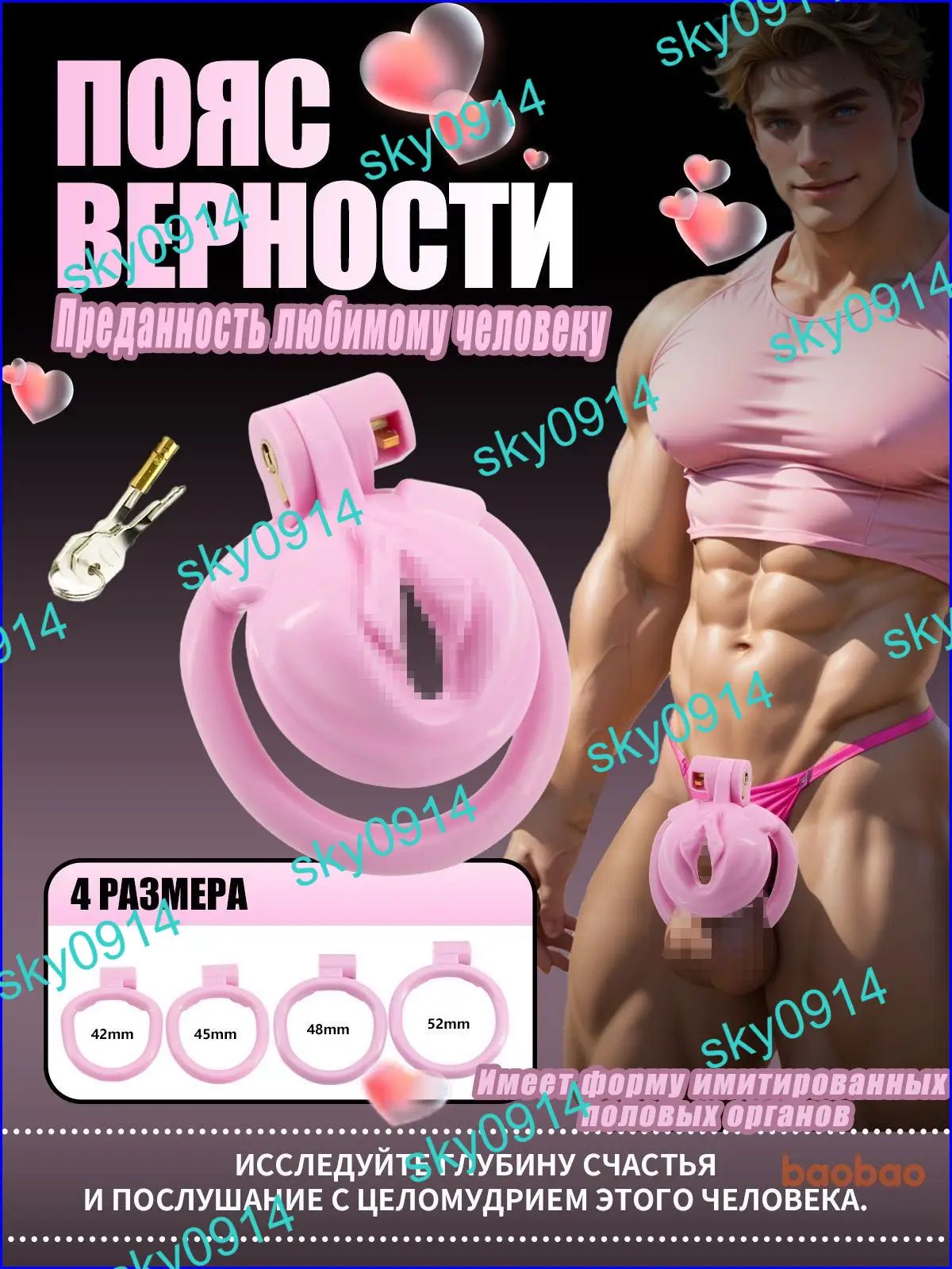 Пояс верности мужской, розовый, с имитацией, регулируемый, для игр, эротический аксессуар