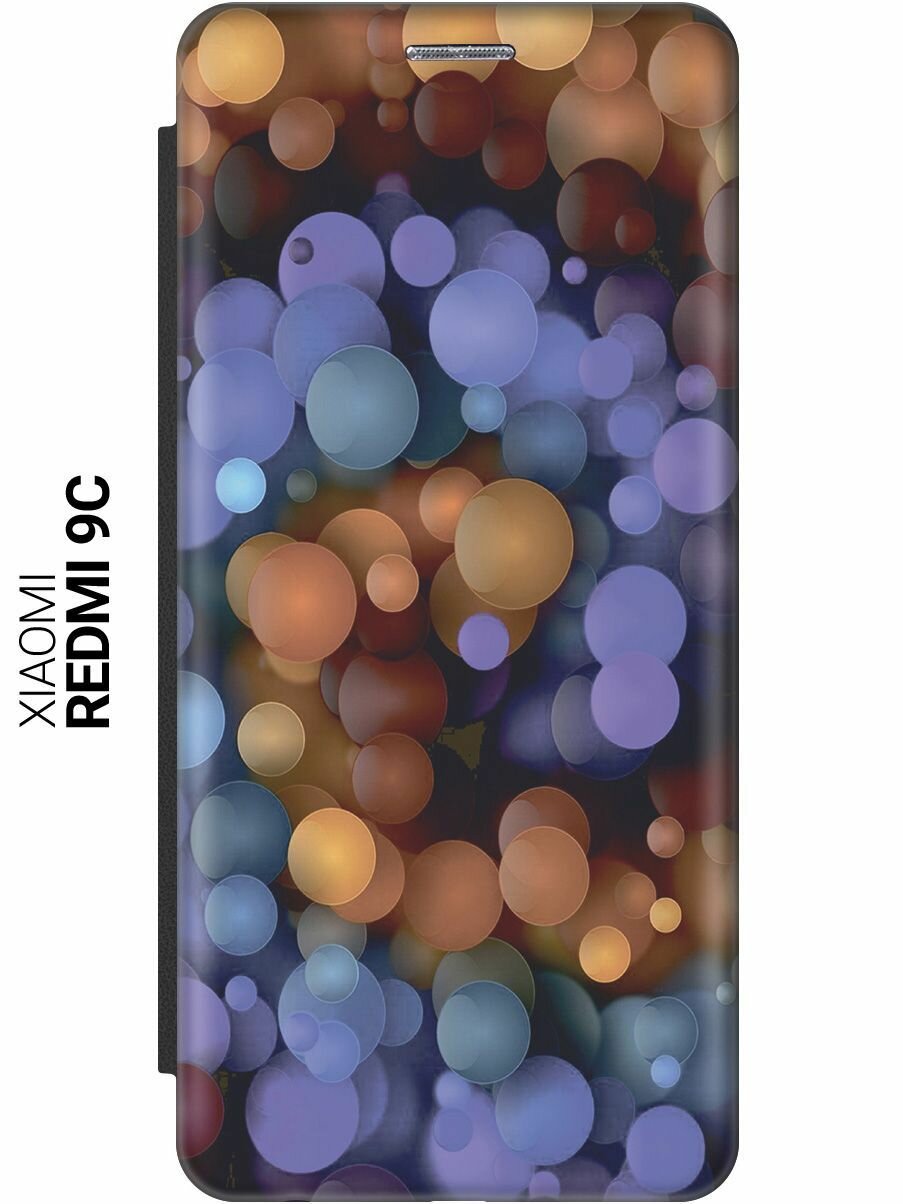 Чехол-книжка на Xiaomi Redmi 9C, Сяоми Редми 9С c принтом "Сиренево-оранжевые шарики" черный