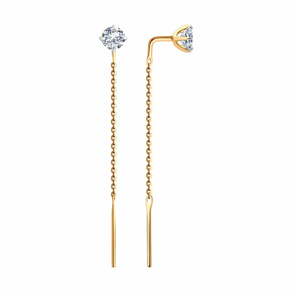Серьги цепочки, красное золото, 585 проба, фианит