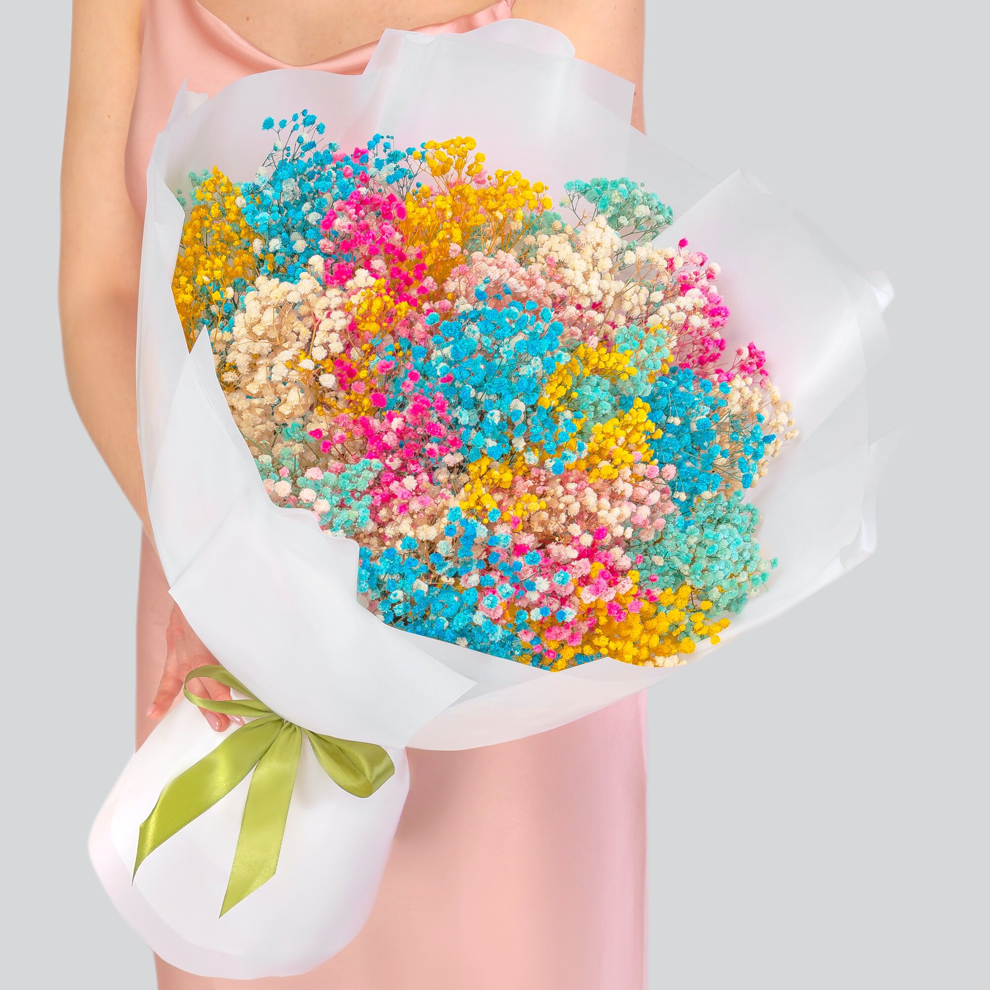 Букет Мегацвет24 "Радужные гипсофилы", стабилизированный, 25 шт, разноцветный, дизайнерская упаковка