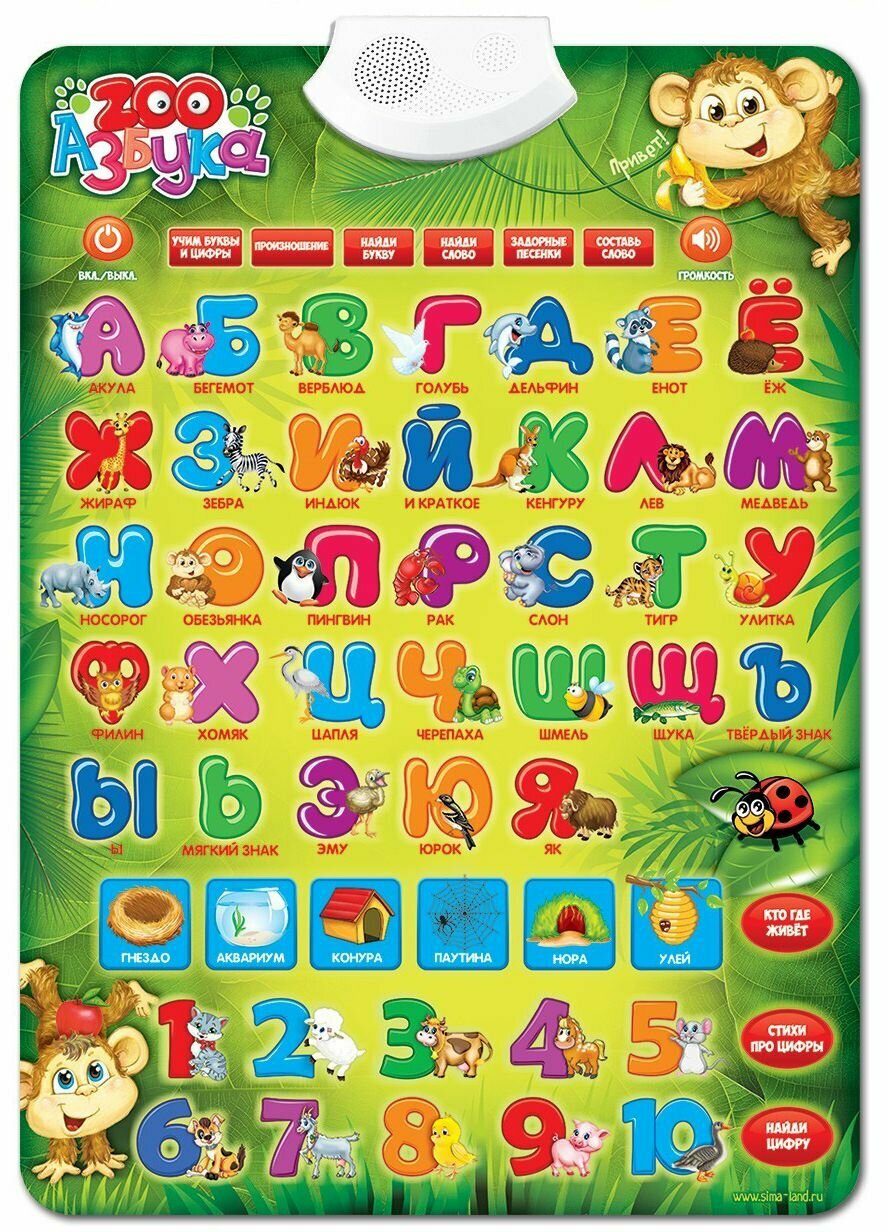 Обучающий электронный плакат "ZOO Азбука" для детей, умная игрушка на батарейках со звуковыми эффектами, учим буквы, цифры и животных