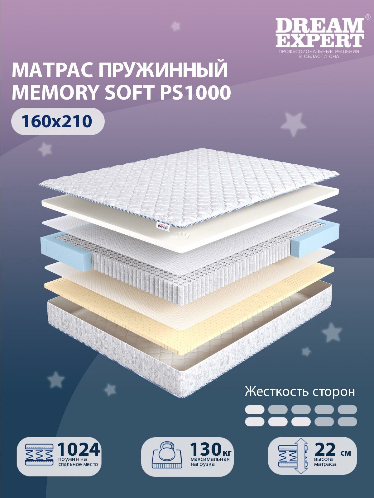 Матрас, Анатомический матрас DreamExpert Memory Soft PS1000, низкая и средняя жесткость, двуспальный, независимые пружины, на кровать 160x210