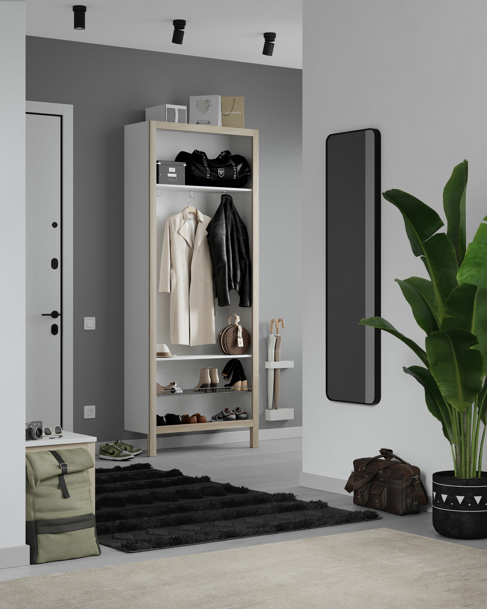 Открытый белый шкаф на ножках в прихожую с крючками 800*340*2250 мм (ш*г*в)