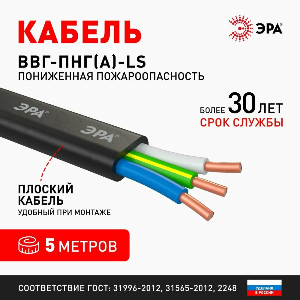 Кабель ВВГ-Пнг(А)-LS 3х2,5 мм2, ГОСТ, 5м, ЭРА